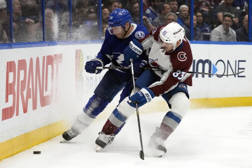 Colorado Avalanche debut new helmet sponsorship decal with Kiewit ...